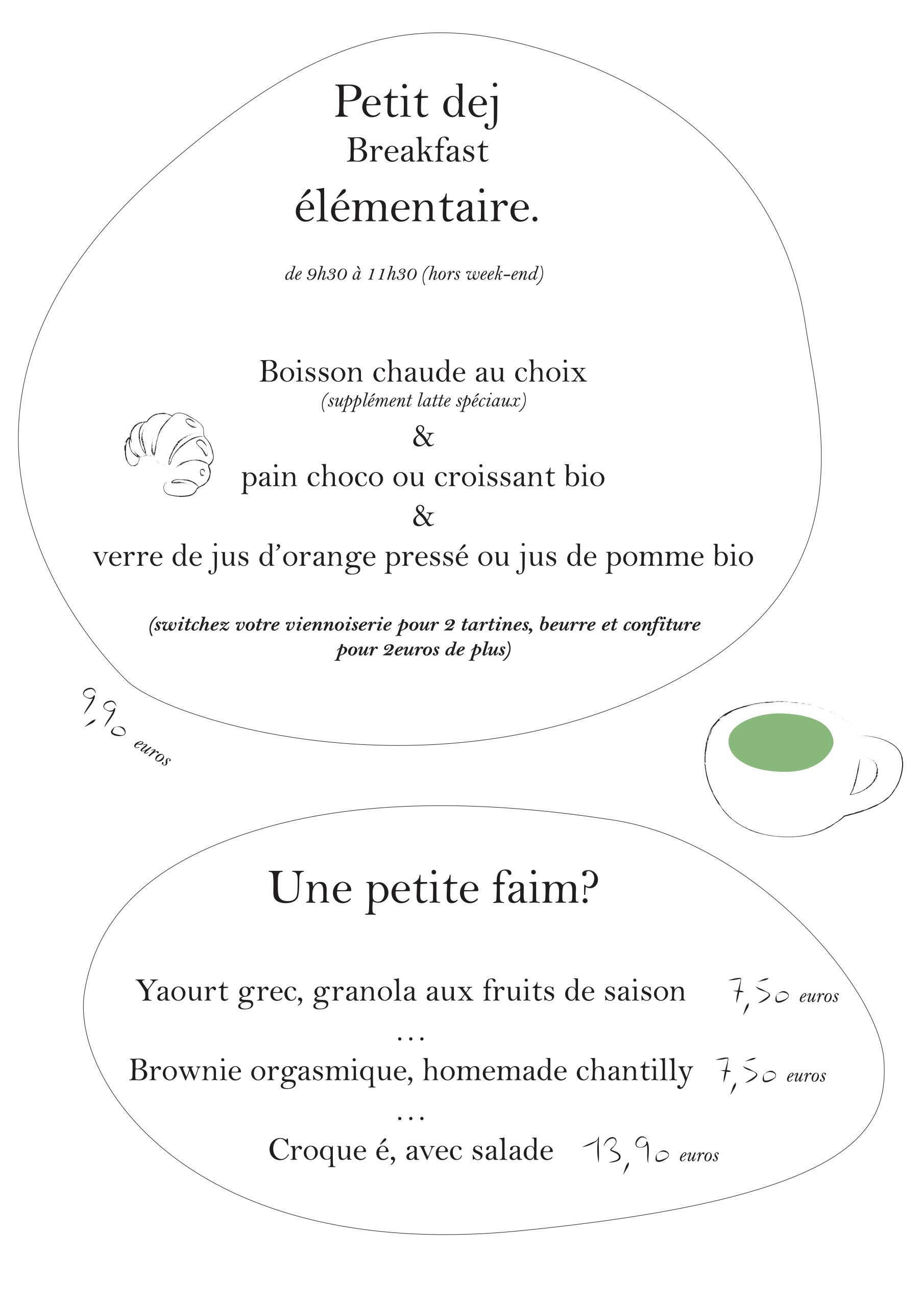 La carte ptit dej & menu - Restaurant Elementaire Paris 75002